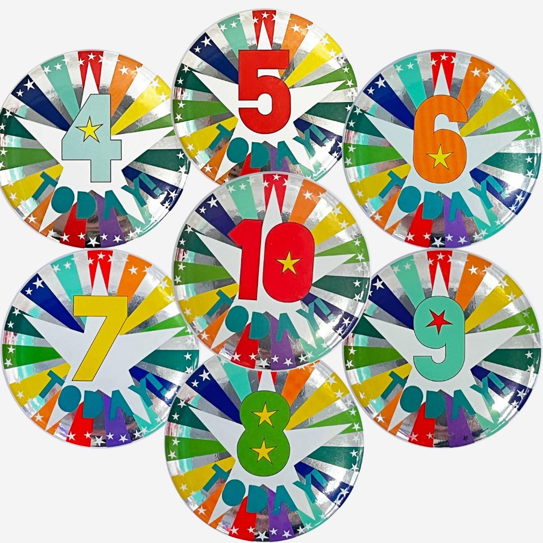Colorful Birthday Badges - Ages 4 to 10 Today – The Balloon Works